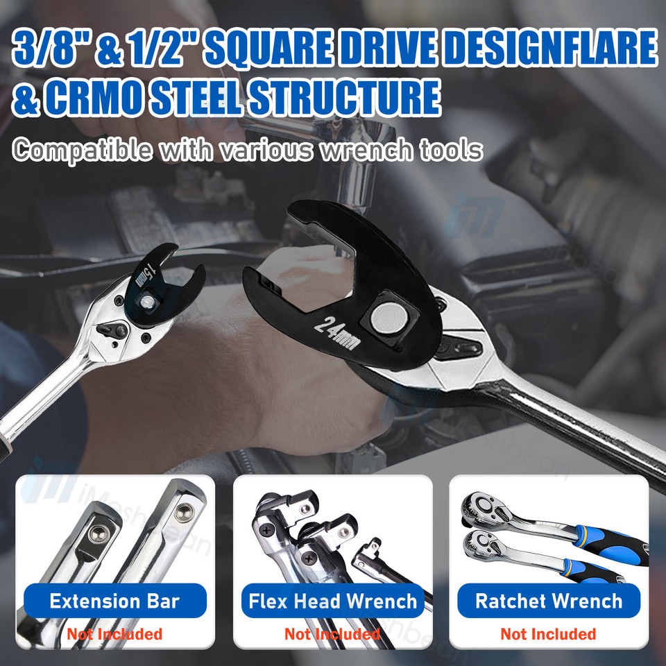 15Pcs Crowfoot Wrench Set for 3/8"&1/2" Drive Ratchet Crowsfoot Flare ...