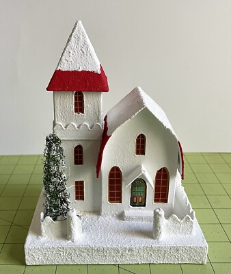 Handmade Putz Glitter House Church 1940's Retro Style Cardboard House ...