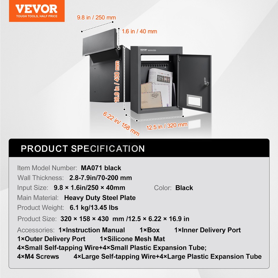 VEVOR Through The Wall Drop Box 12.5x6.3x16.9" Mailbox with Code Lock ...