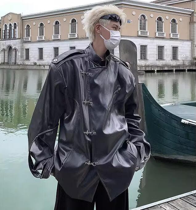 Men's Autumn New Fashion Lapel Long Sleeve Loose Metal Decor Shine ...
