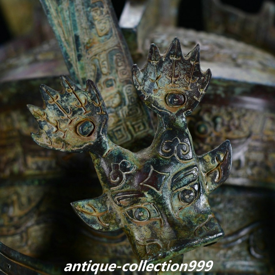 17"Old Bronze Ware Dragon Phoenix Cattle Beast Head Face Portable Tea ...