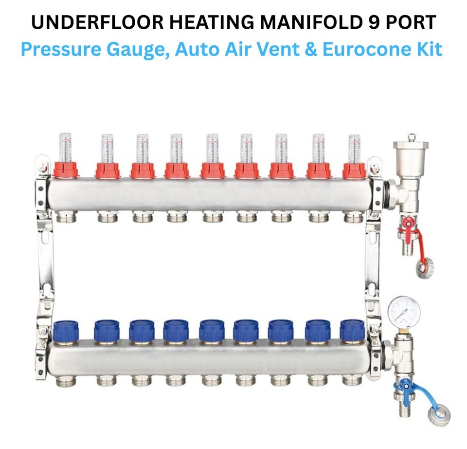 Underfloor Heating Manifold with Auto Air Vent Pressure Gauge Eurocone ...