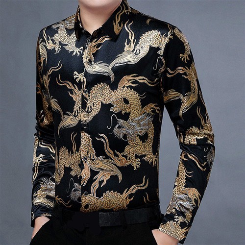 Men Velvet Shirt Chinese Gold Dragon Print Retro Animal Pattern Long ...