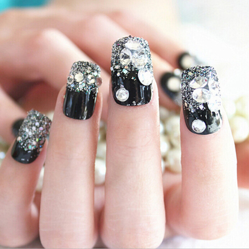 24Pcs Black Acrylic Fake Finger Nails Full Cover Fake False Nail Art ...