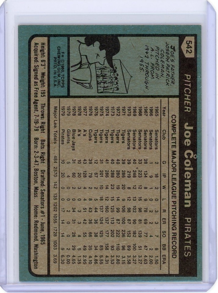 1980 TOPPS JOE COLEMAN #542 NM-MT TO MINT SET BREAK PIRATES NICELY ...