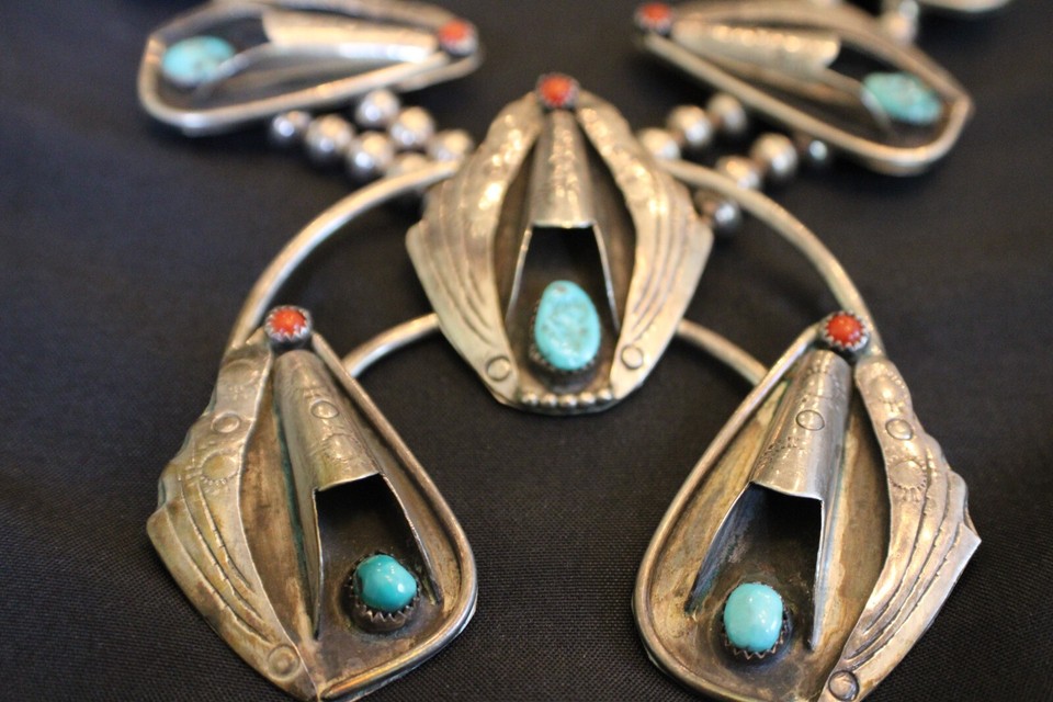 VINTAGE STERLING ROYSTON TURQUOISE & RED JASPER SQUASH BLOSSOM NECKLACE ...