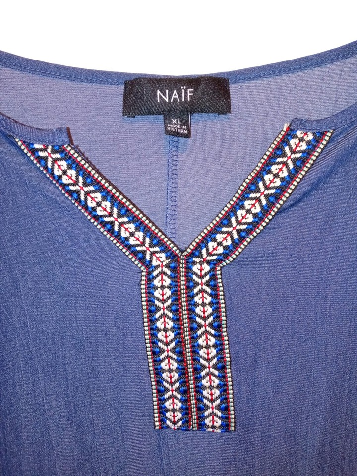 NAIF Embroidered Chambray XL Boho Bell Sleeve Blue Denim Womans Dress ...
