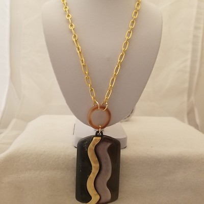 Gold 32 Inch Chain Necklace With Gray Rectangle Pendant | eBay