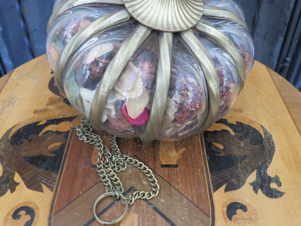 Vintage Caged Melon Brass Bubble Glass Hanging Potpourri Holder Oil ...