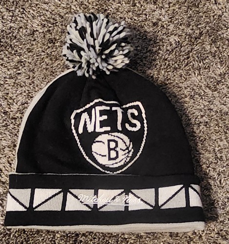 NEW YORK NETS Hat Knit Beanie Pom BLACK SILVER | eBay