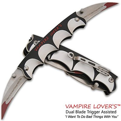 11" Black Dual Blade Vampire Bat Assisted Open Double Bladed Knife Man ...