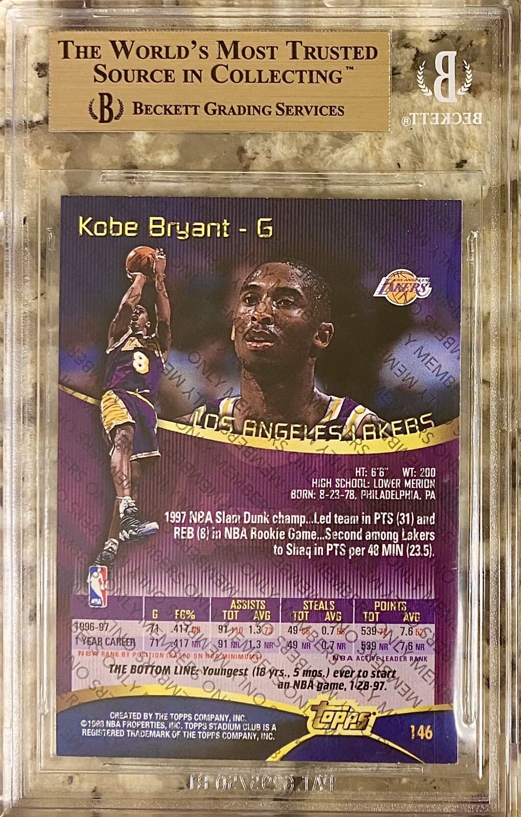 1997 POP 1 KOBE BRYANT TOPPS STADIUM CLUB MEMBERS ONLY II #146 BGS 9.5 ...