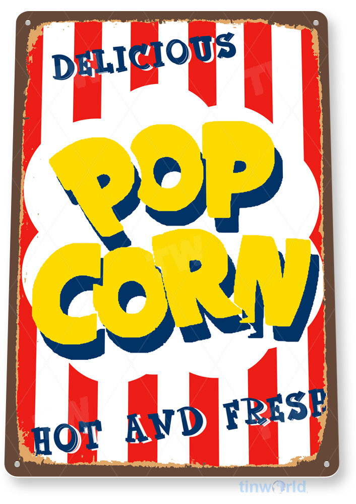 Vintage Popcorn Sign Hot Buttered Popcorn Tin Sign | Vintage Signs