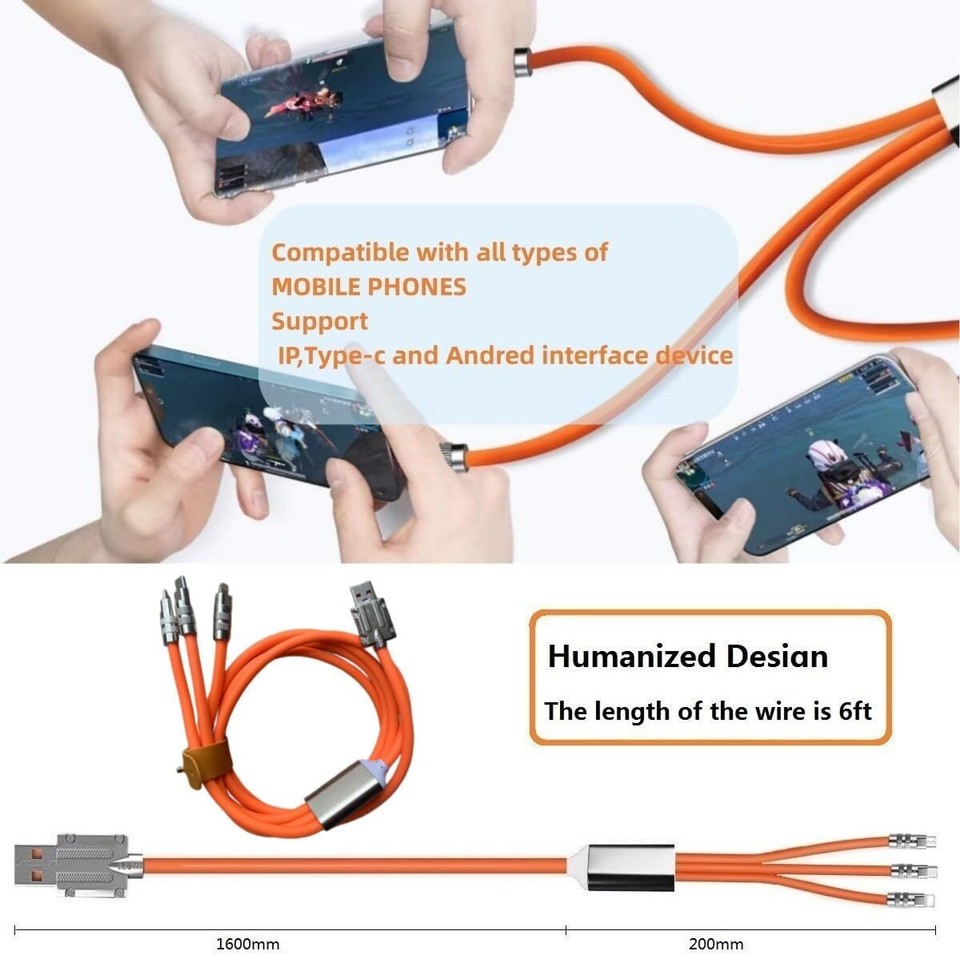 3 in 1 Fast Charging Cable Cell Phone Charger Cord For iPhone Type C ...
