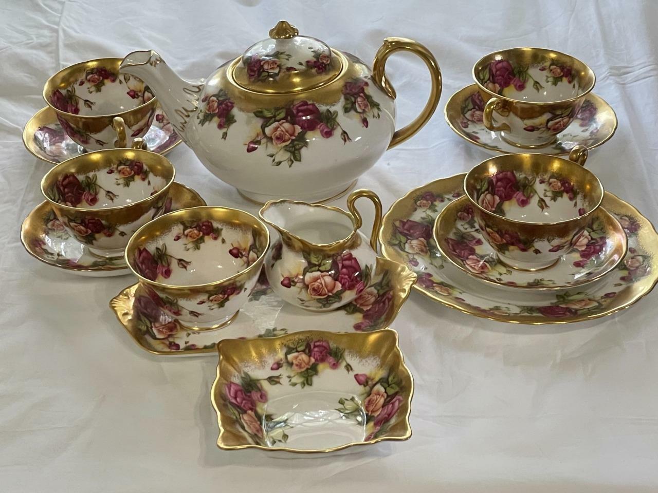 Royal Chelsea Golden Rose Tea set Teapot Salad Plates cup Saucer Fine ...