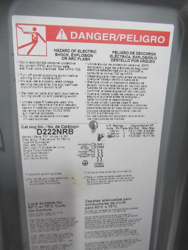 Square D D222NRB Disconnect 60 Amp 240 Volt 2P3W Fusible Nema 3R Series ...