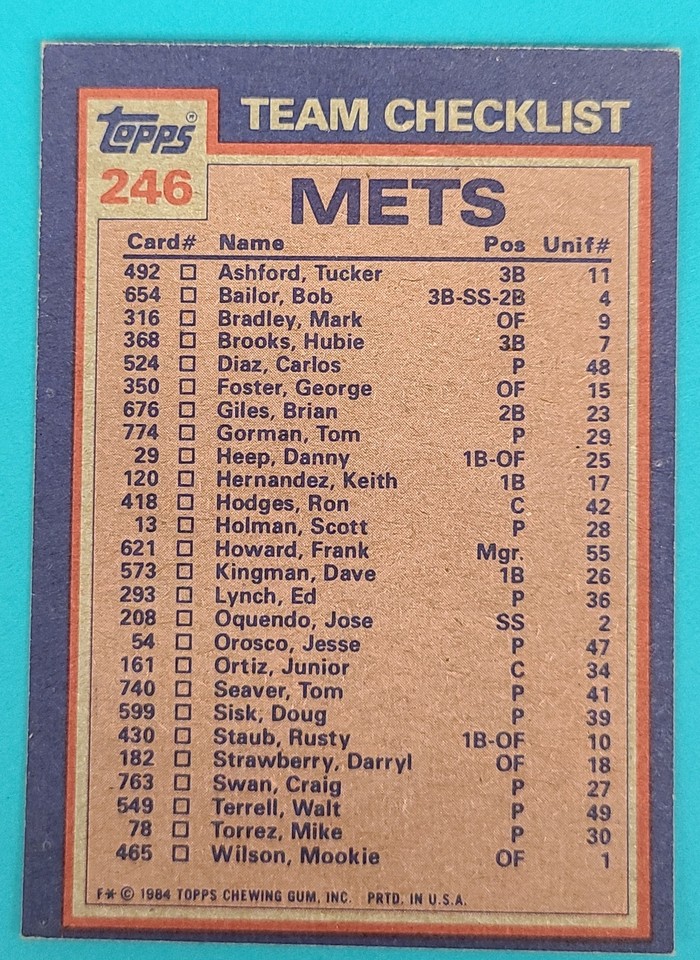 1984 Topps #246 Mets Checklist Mookie Wilson / Tom Seaver Baseball Card ...