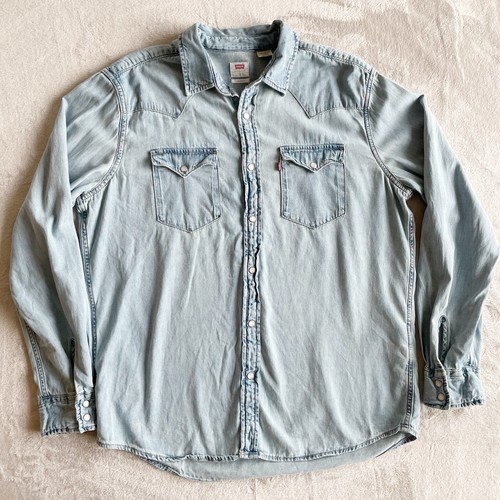 Levi's Western Denim Shirt Mens Large Light Wash Pearl Snap Sawtooth ...