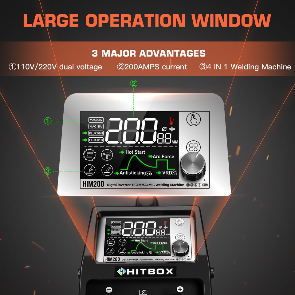 200A MIG Welder Gasless 110V/220V ARC Lift TIG Spool Gun 4 in1 IGBT ...