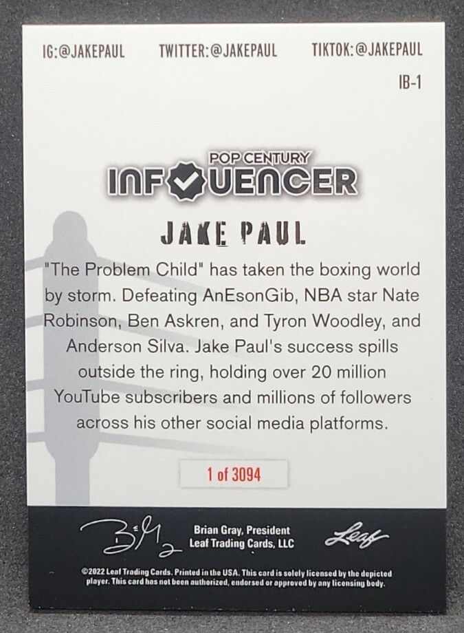 2022 LEAF POP CENTURY INFUENCER JAKE PAUL ROOKIE CARD - LEAF ONLINE ...