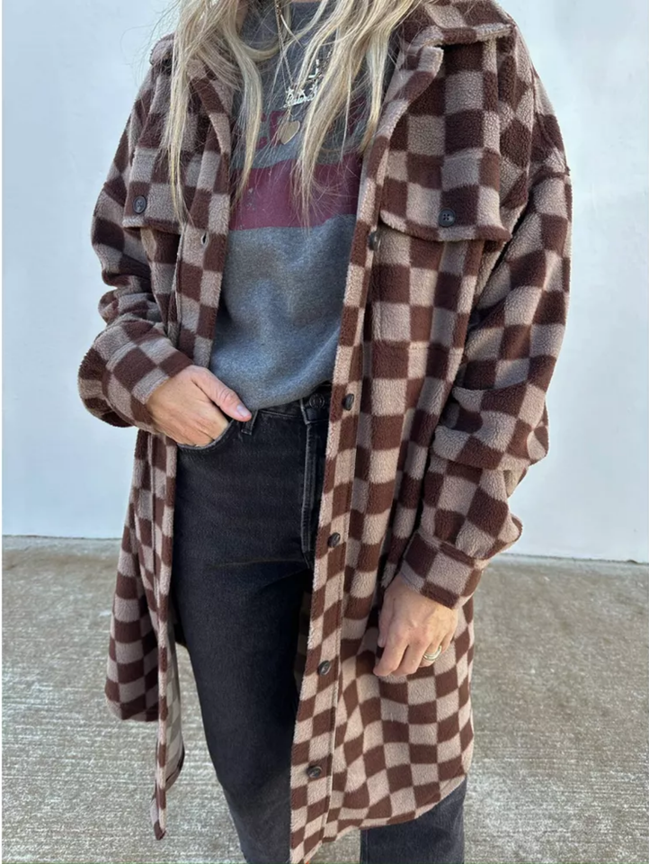 Ascot + Hart Checkered Fleece Graphic Shacket - Brown Check NWT | eBay