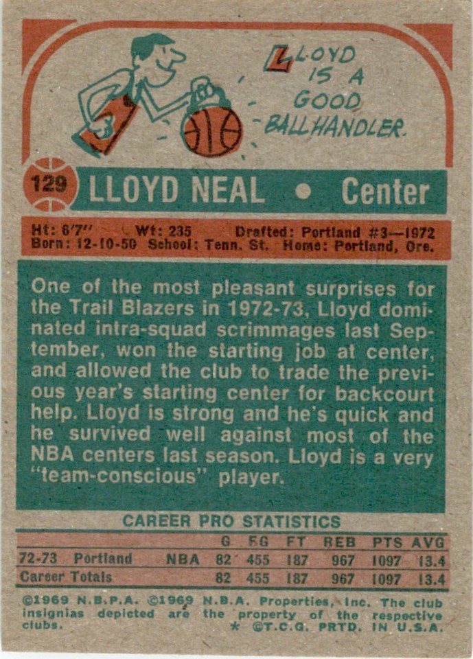 1973-74 Topps Basketball Lloyd Neal (A) RC Portland Trail Blazers #129 ...