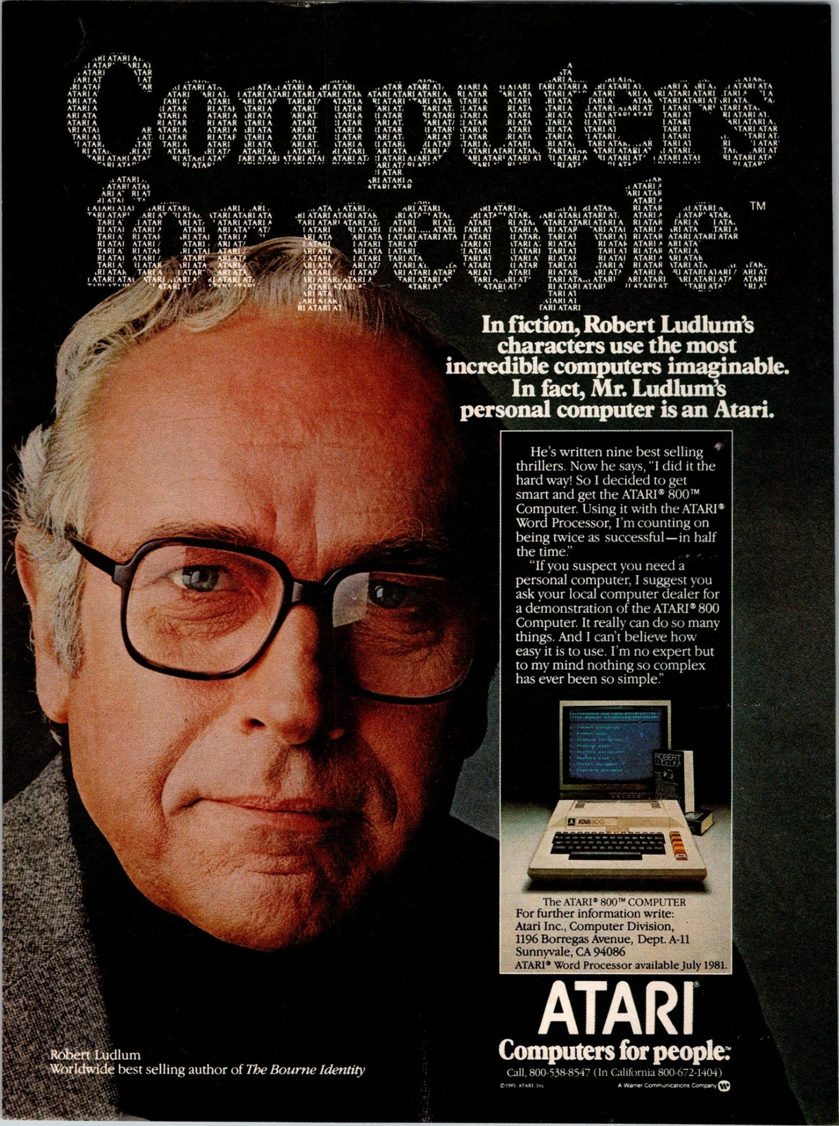 1981 VINTAGE 8X11 PRINT AD FOR ATARI 800 COMPUTER ROBERT LUDLUM BOURNE ...