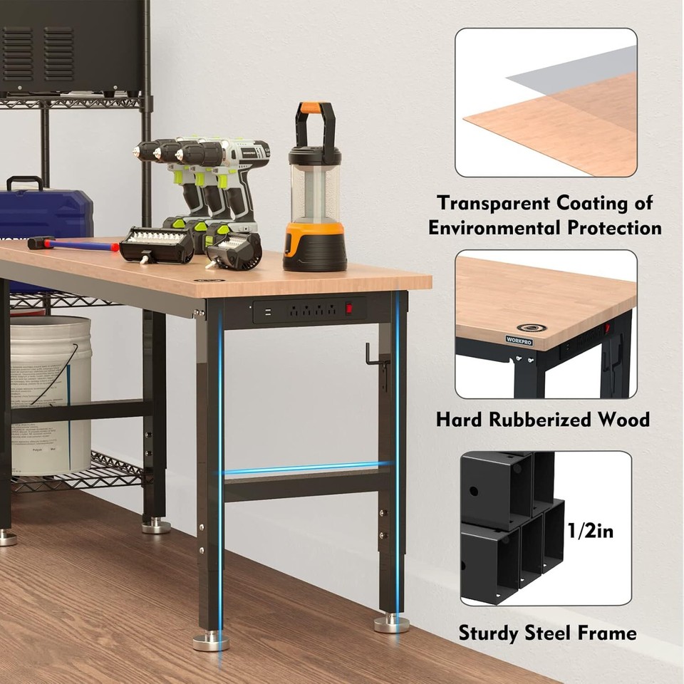 Workpro 60" Workbench Adjustable Height Work Table 2000LBS Load Rubber ...