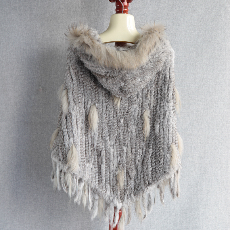 Women Knitted Real Rabbit Fur Hood Coat Raccoon Fur Collar Tassel Cloak ...