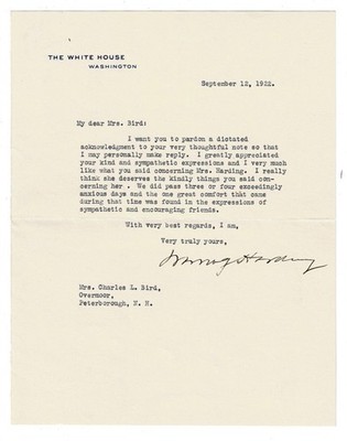 1922 LETTER SIGNED by WARREN G. HARDING as President, re. his wife's ...