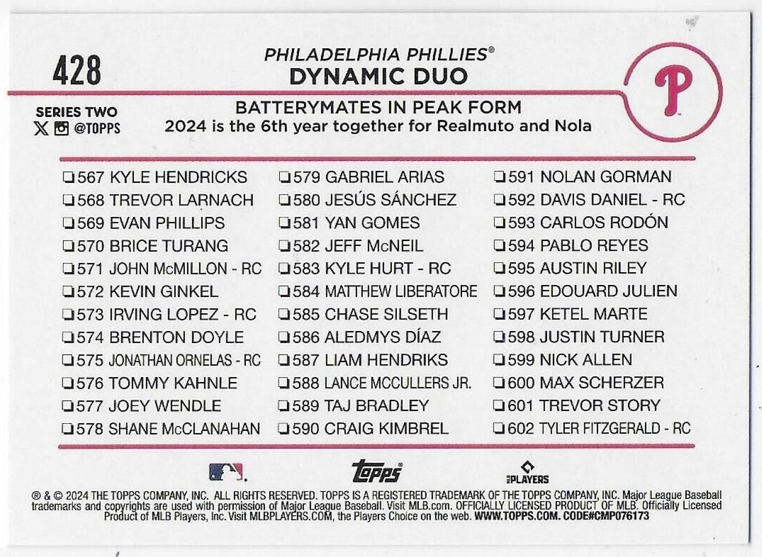 2024 Topps Series 2 - Checklist #428 Aaron Nola, J.T. Realmuto for sale ...