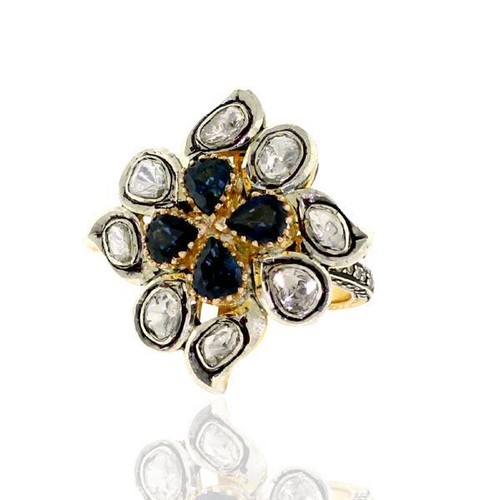 1.33ct Polki Diamond Blue Sapphire Cocktail Ring 925 Starling Silver ...