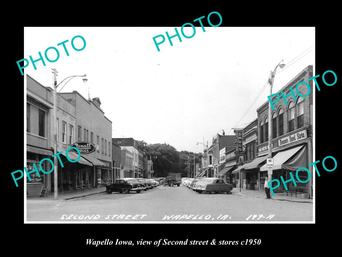 OLD 8x6 HISTORIC PHOTO OF WAPELLO IOWA VIEW OF SECOND ST & STORES c1950 ...