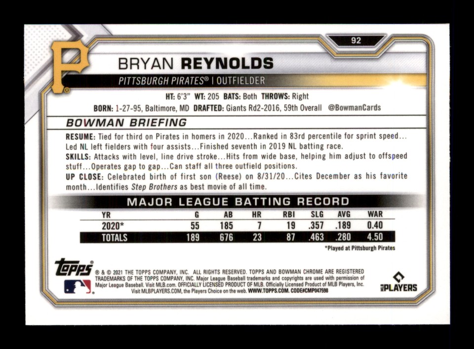 2021 Bowman Chrome #92 Bryan Reynolds Pittsburgh Pirates Baseball Card ...