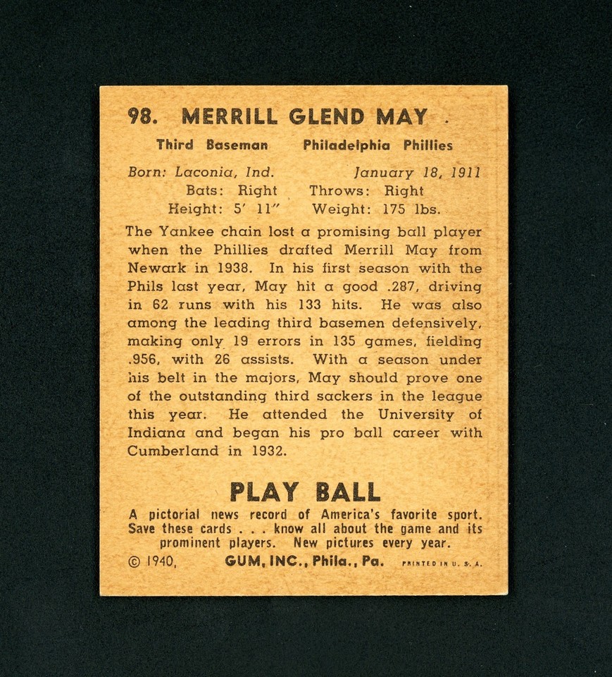 Pinky May 1940 Play Ball - Philadelphia Phillies #98 EX-MT+ | eBay