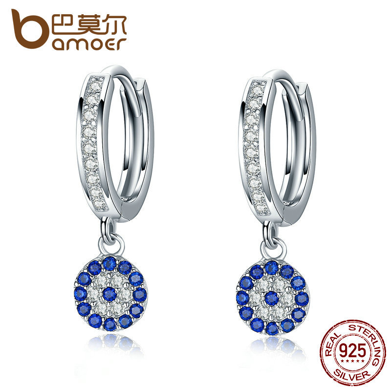 Bamoer 925 Sterling Silver Hanging earrings Blue Zircon happiness Women ...