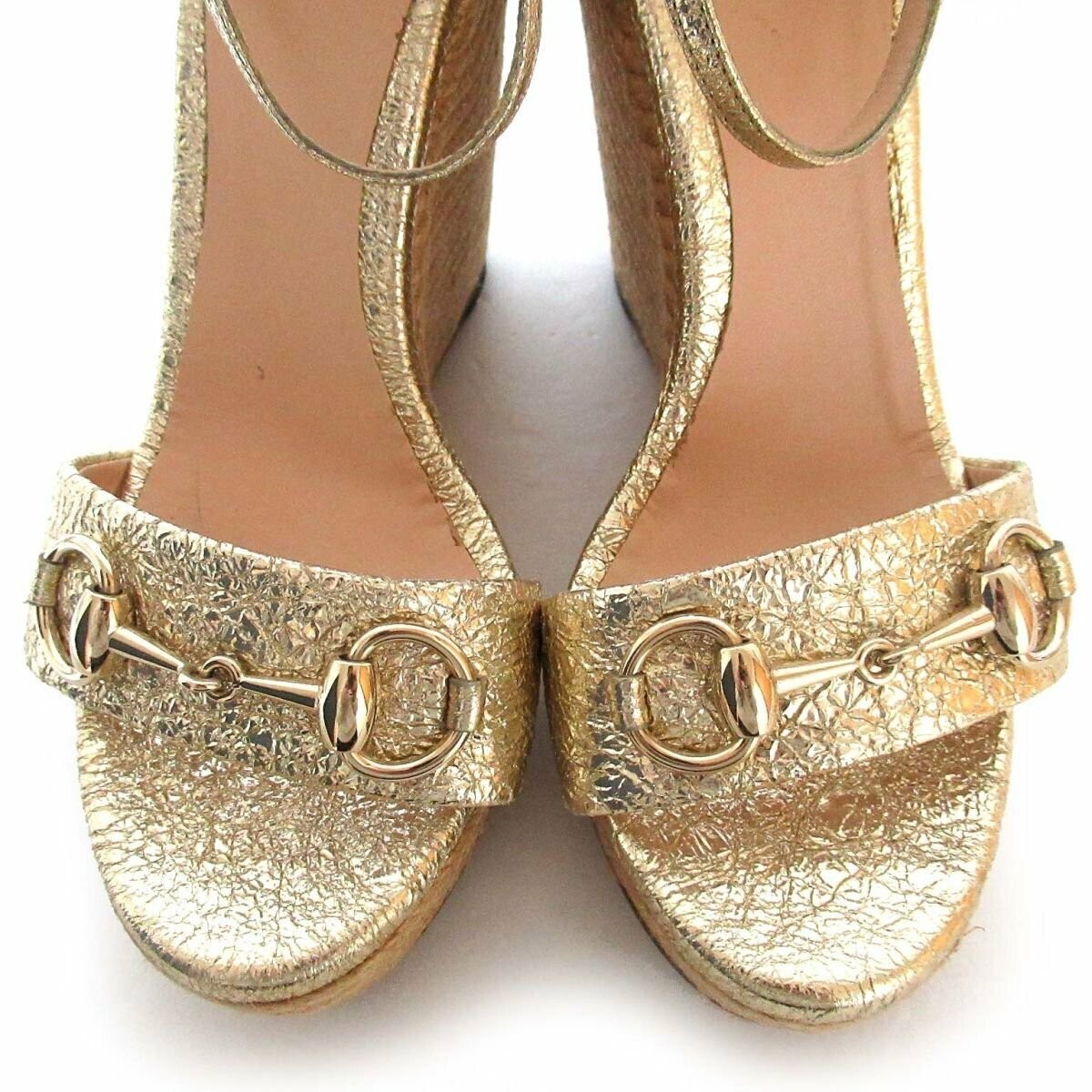 GUCCI Horsebit Wedge High Heel Ankle Strap Gold Sandals Size GUCCI Horsebit Wedge High Heel Ankle Strap Gold Sandals Size