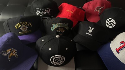 LOT 10 HATS BASEBALL CAPS NFL RAIDERS VIKINGS PLAYBOY LONG BEACH LB ...