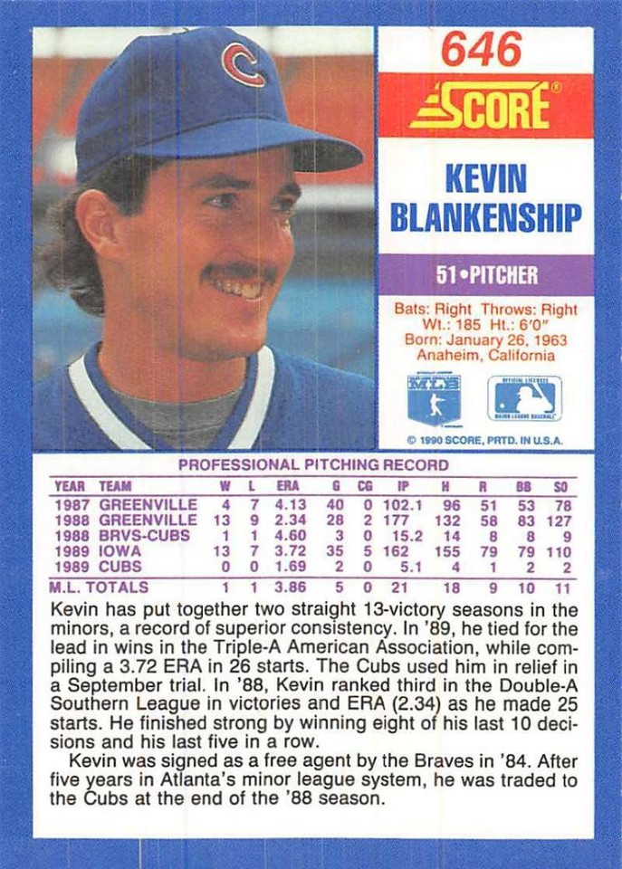 1990 Score #646 Kevin Blankenship NM-MT Cubs | eBay