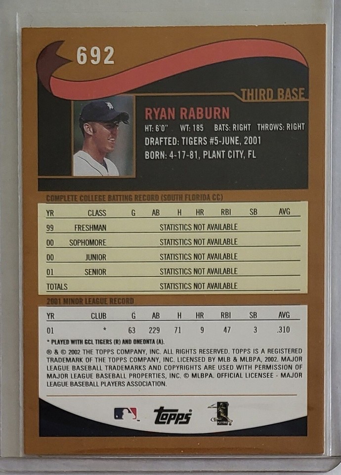 2002 Topps Draft Picks #692 Ryan Raburn Detroit Tigers Baseball Card | eBay