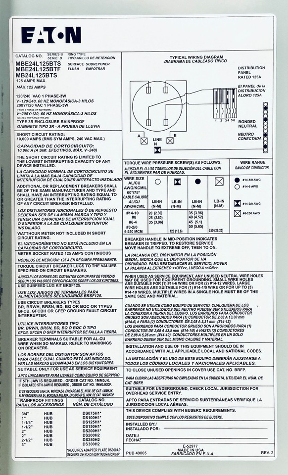 Eaton MBE24L125BTS Outdoor Meter Breaker 125 A 4 Spaces 6 Circuits ...