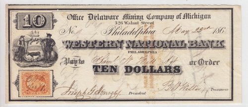 1865 Western National Bank $10 Philadelphia PA Delaware Mining Co of ...