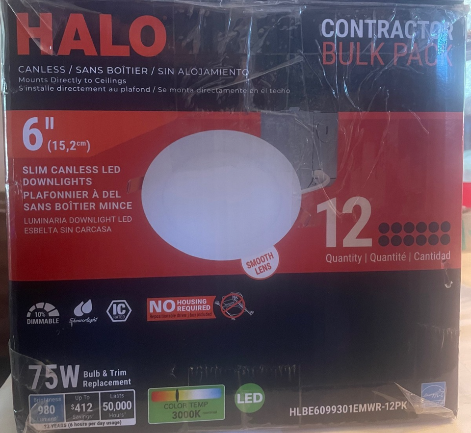12X Halo HLBE6099301EMWR-12PK 6” Slim Canless LED Downlights, 12 Pack ...