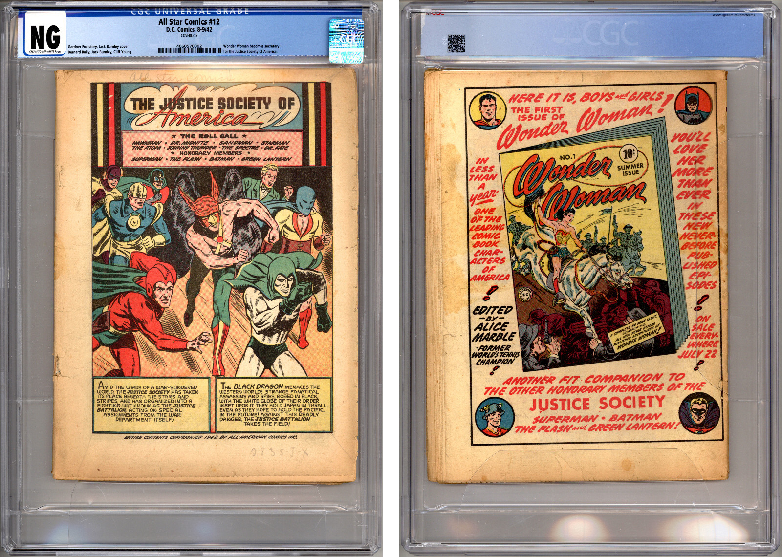 ALL-STAR COMICS #12 CGC -NG- JSA *WONDER WOMAN #1 FULL PG AD ...