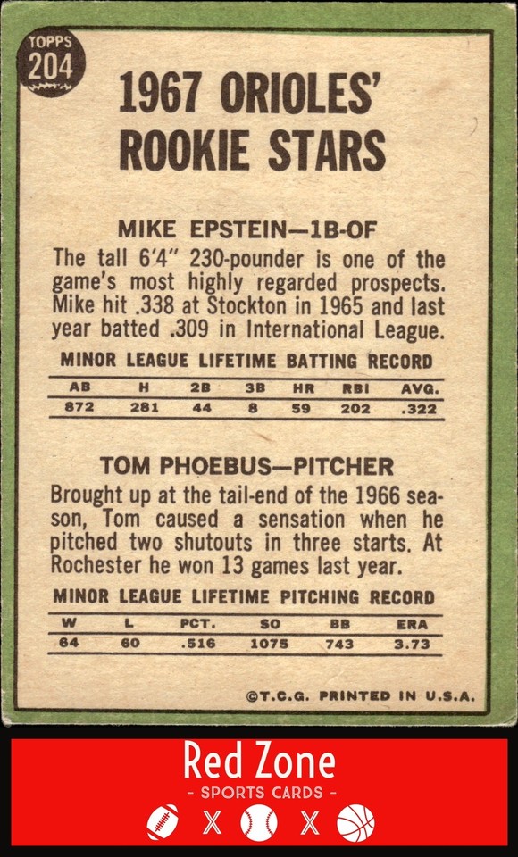 1967 Topps - #204 Orioles 1967 Rookie Stars (Mike Epstein / Tom Phoebus ...
