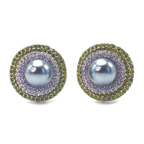 Green & Purple Rhinestone Earrings Grey Faux Pearl Silvertone Metal ...