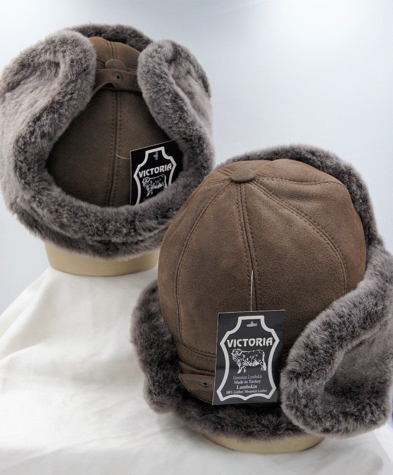 TOBACCO /GRAY 100% Sheepskin Shearling Leather Hat Trapper Ushanka ...