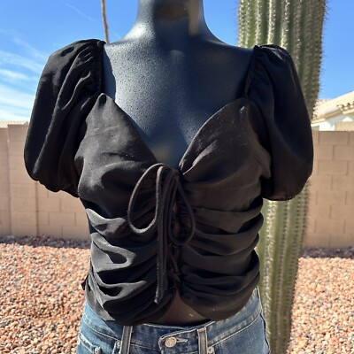 Womans Black Satin Lace Up Crop Too Blouse Puff Short Sleeve Medium | eBay
