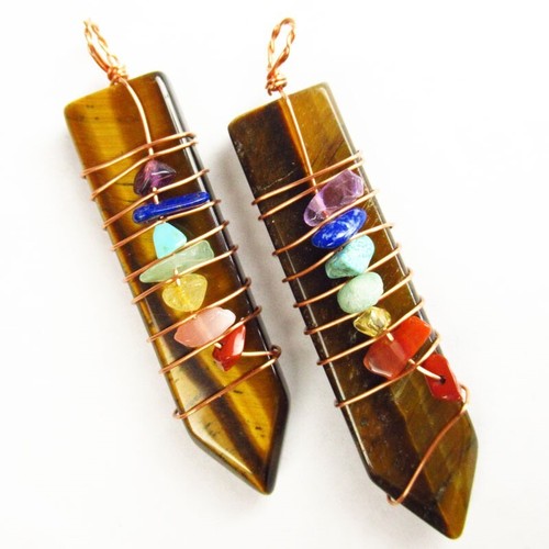 2Pcs Yellow Tiger Eye Gem Arrow 7 Chakra Gemstone Chips Pendant Bead ...
