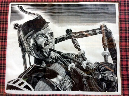 Vintage BAGPIPER Bagpipe ETCHING Print ARTIST Signed JOSÉ CALVILLO ...